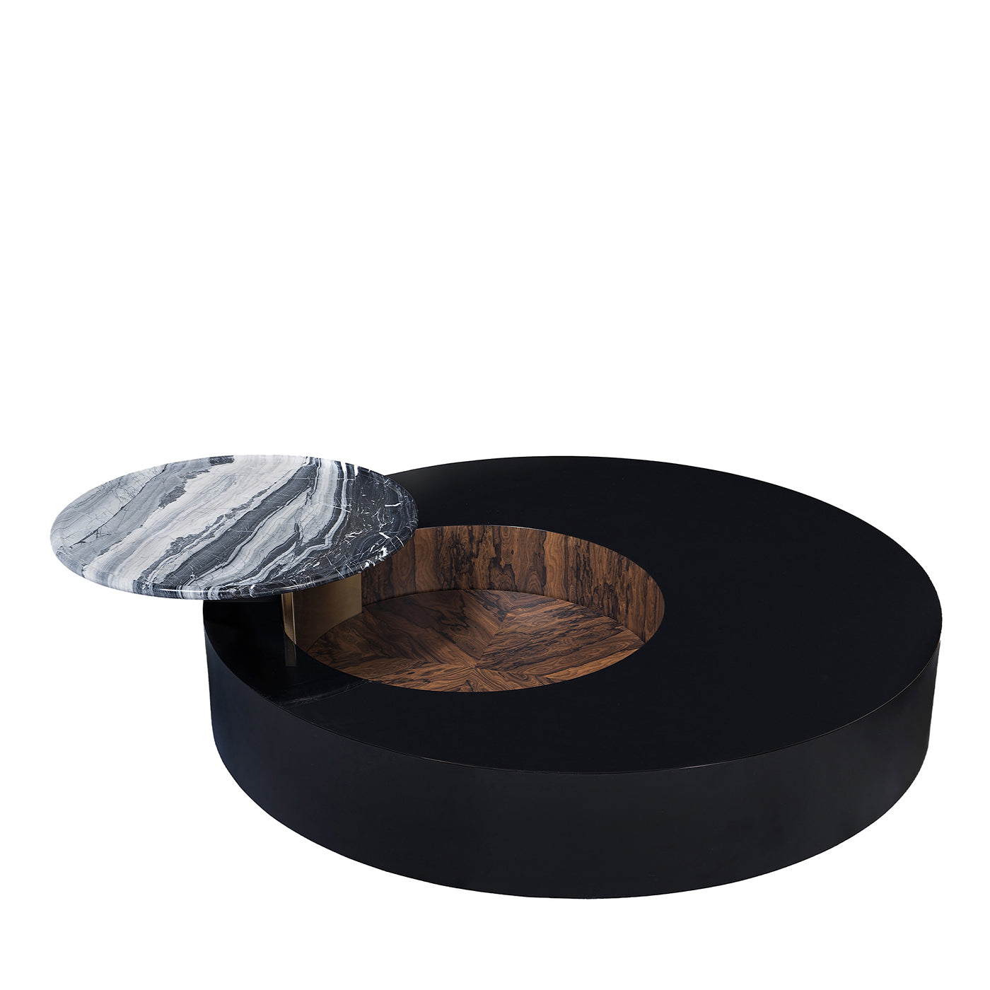Orbital Lacquered Black Wood With Marble Tray Round Coffe Table ...
