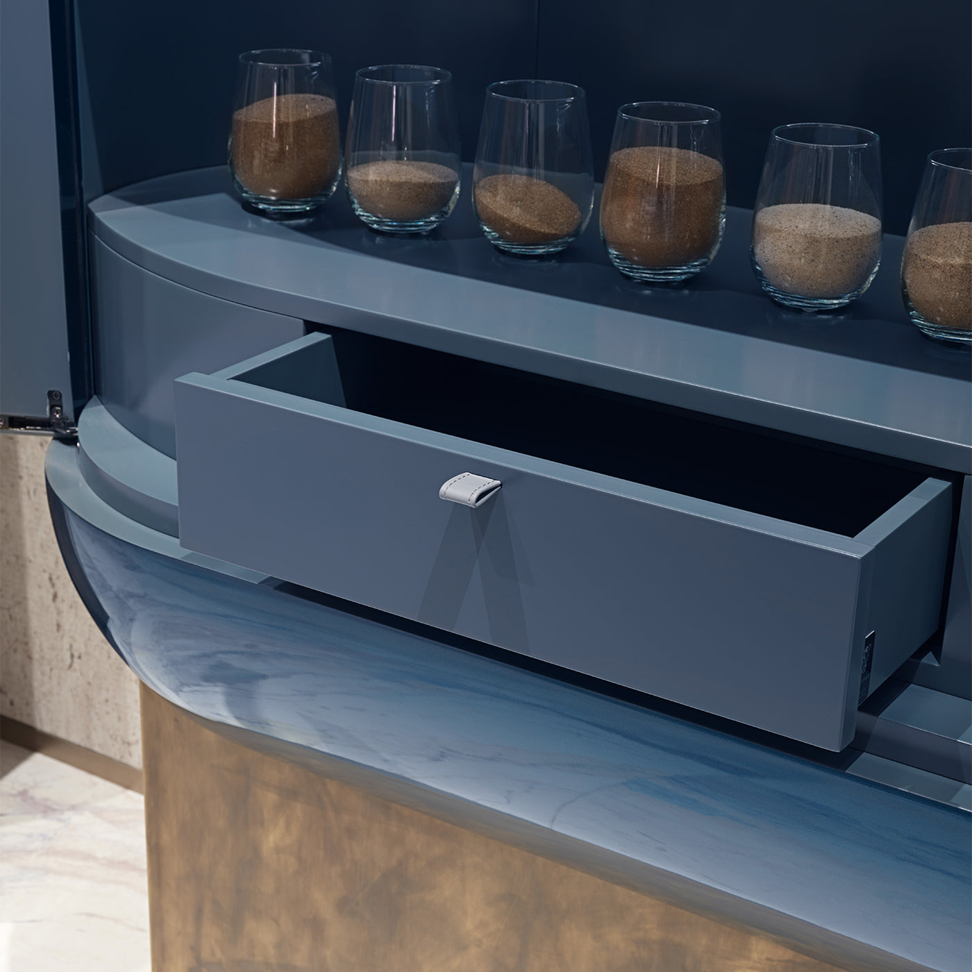 Siona Blue Polished Lacquered Wood And Leather Bar Unit Visionnaire ...