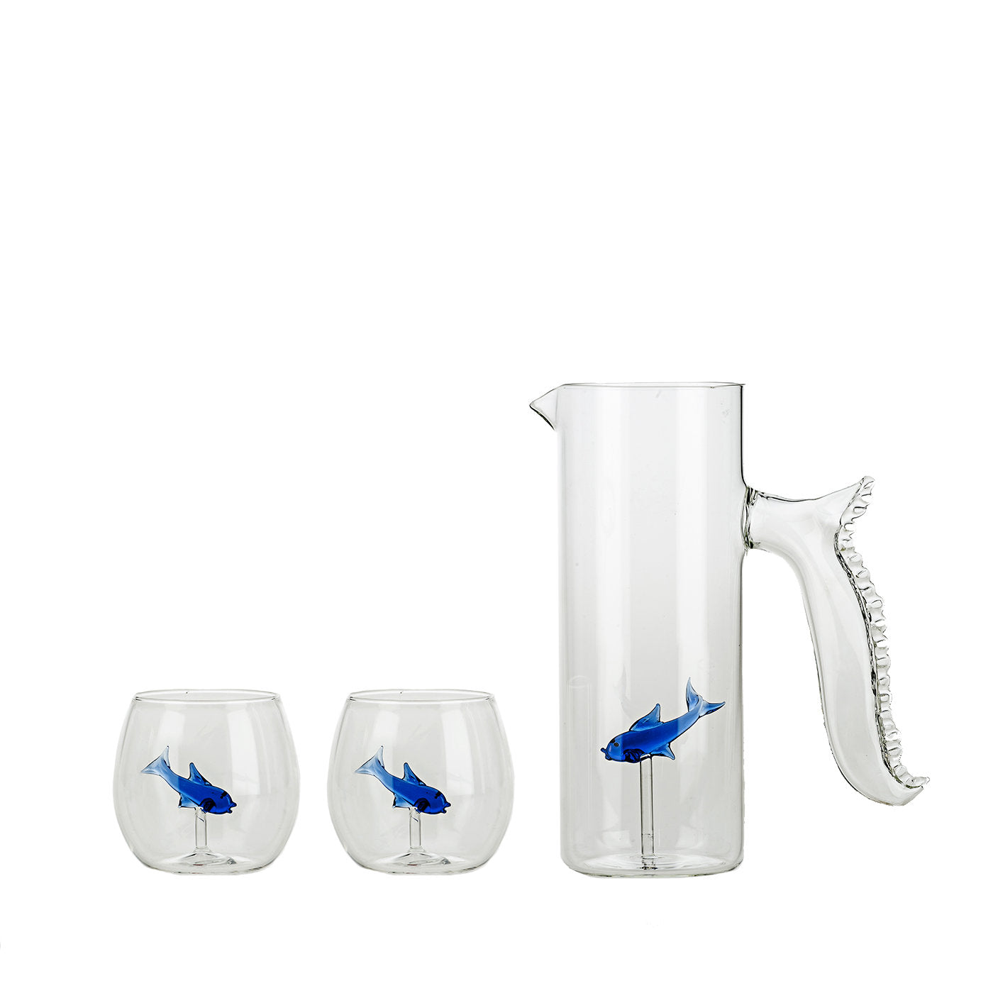 Set of Little Blue Fish Pitcher and Four Rounded Little Blue Fish ...