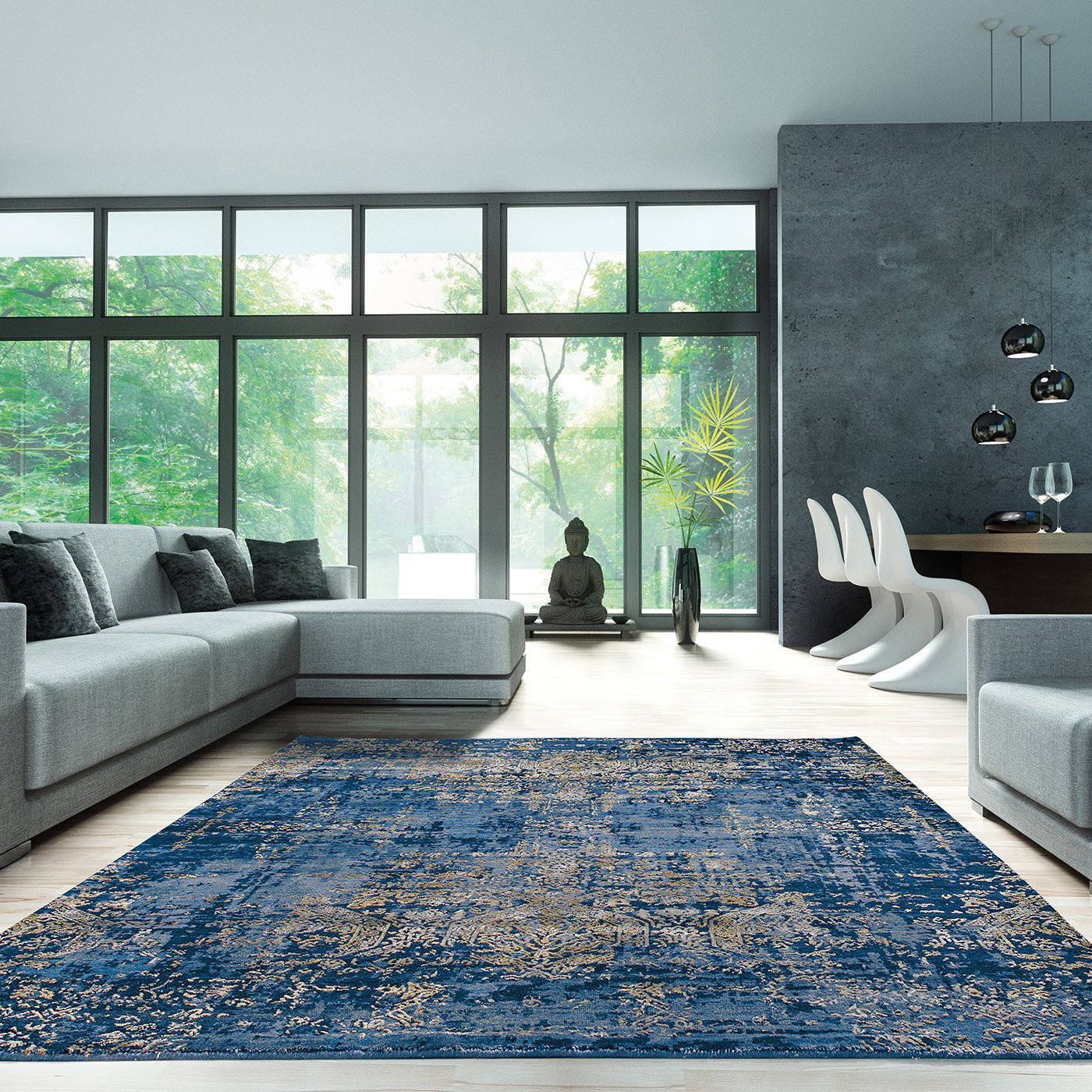Elite Navy Blue Gold Rug Sitap Carpet Couture Italia | Artemest