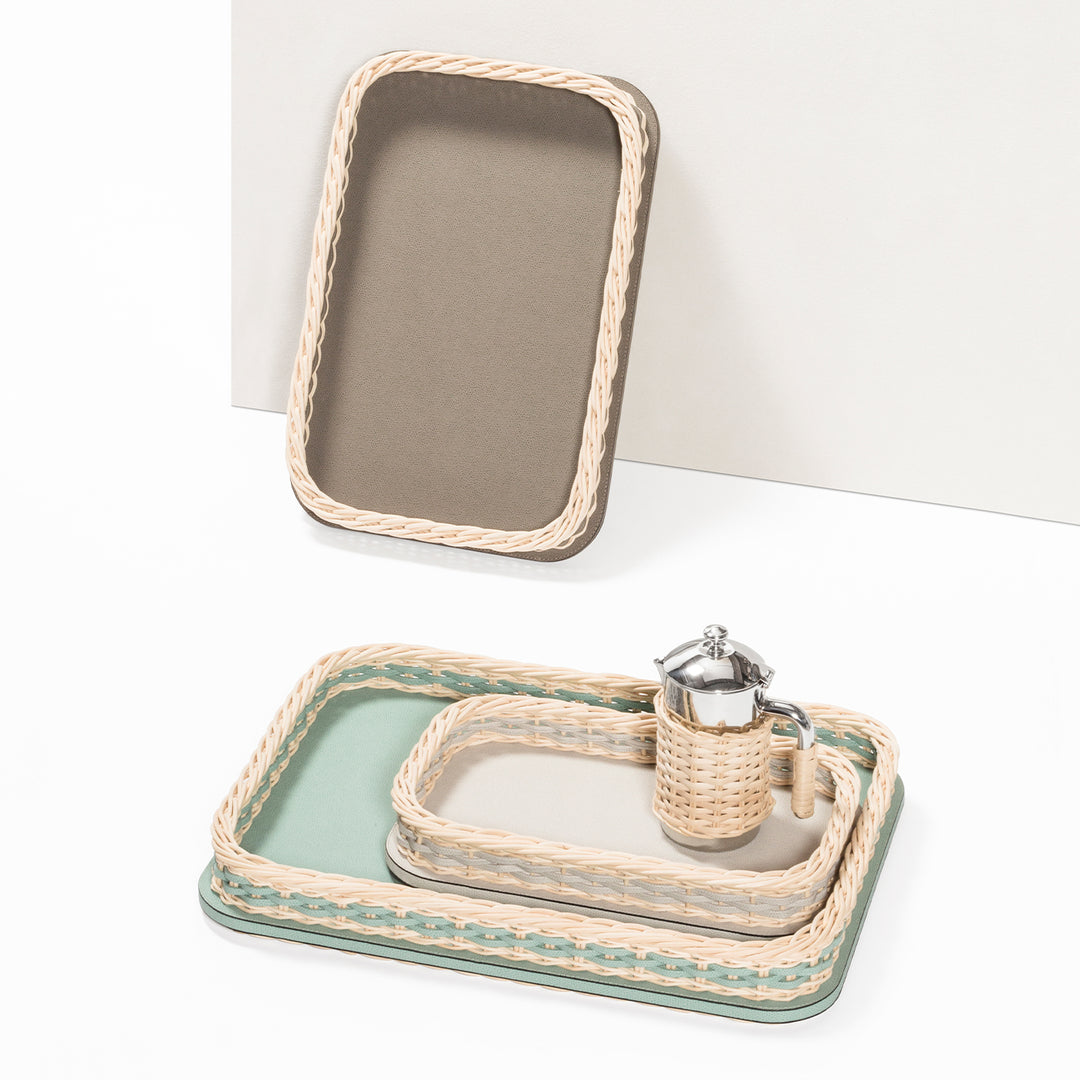 Orsay Green Leather and Rattan Rectangular Large Tray Giobagnara | Artemest