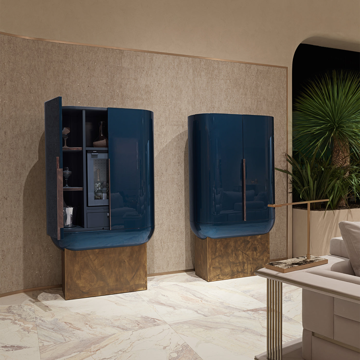 Siona Blue Polished Lacquered Wood And Leather Bar Unit Visionnaire ...